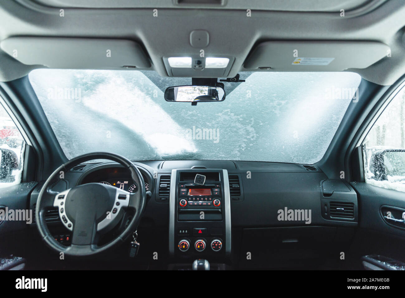 view from inside of car snow at windshield after blizzard Stock Photo ...
