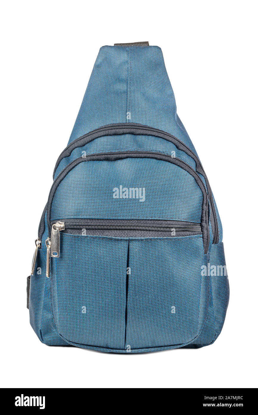 Small blue backpack isolated on white background Stock Photo - Alamy