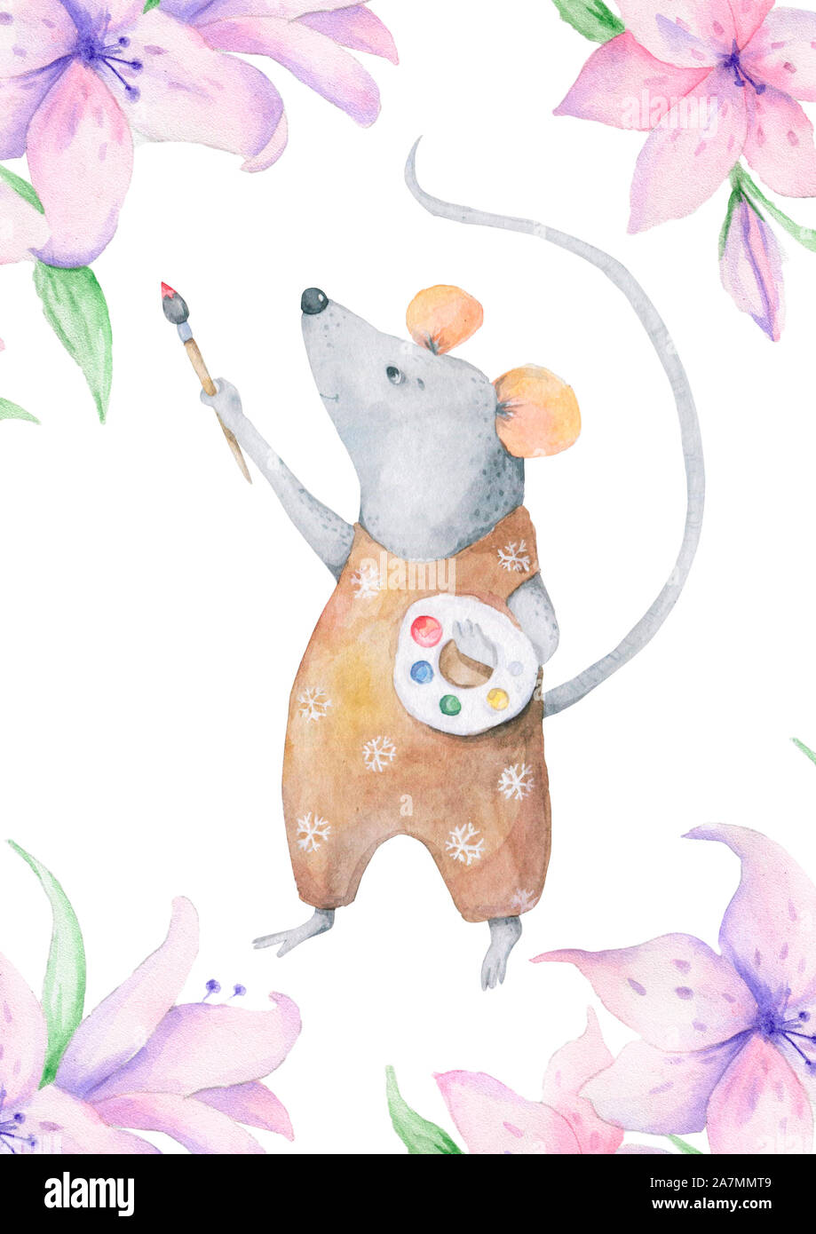 Cute cartoon christmas rat mouse christmas card. Watercolor hand drawn ...