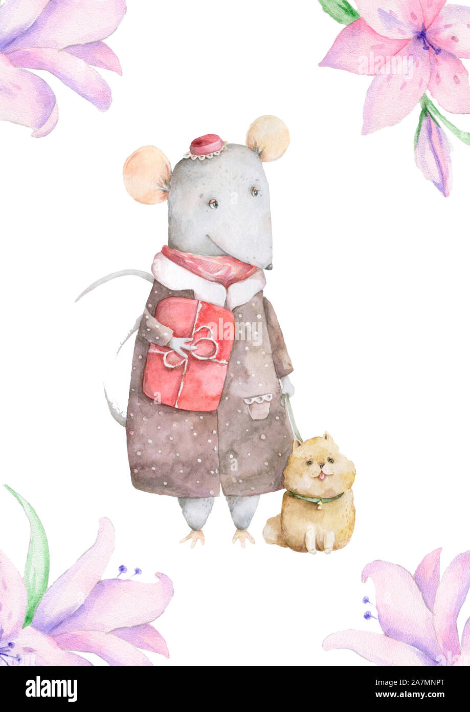 Cute cartoon christmas rat mouse christmas card. Watercolor hand drawn ...
