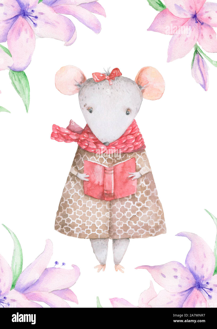Cute cartoon christmas rat mouse christmas card. Watercolor hand drawn ...