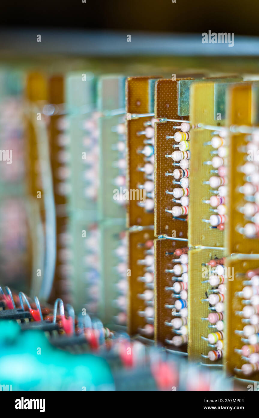 Vintage electronic circuit boards with radio parts and chips, close-up ...