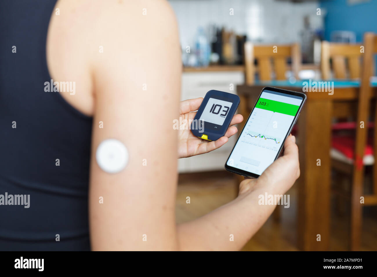 Woman comparing result of glucose level check on the traditional ...