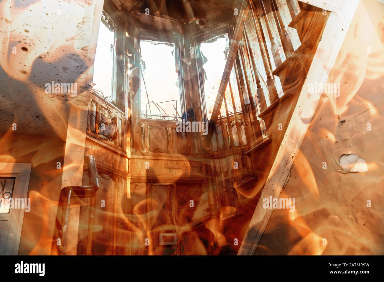 Apartment building on burning a blazing inferno wooden house Stock ...