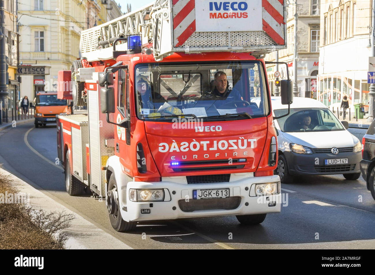 BUDAPEST, HUNGARY - MARCH 2019: Fire engine with blue light flashing ...