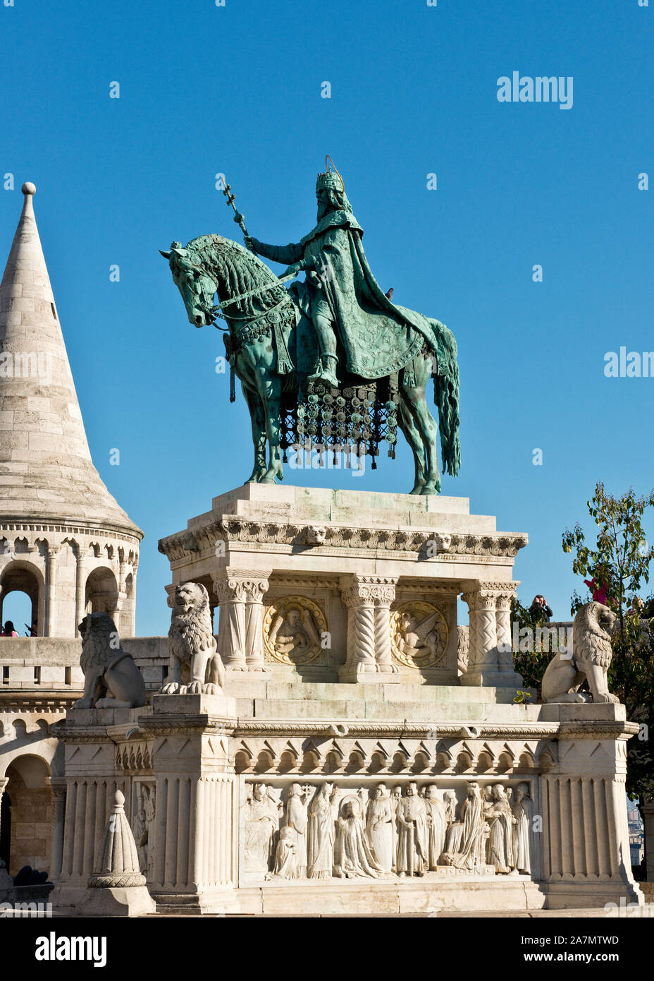 Statue of St Istvan (St. Stephen) in front of Fishermen's Bastion. Buda ...