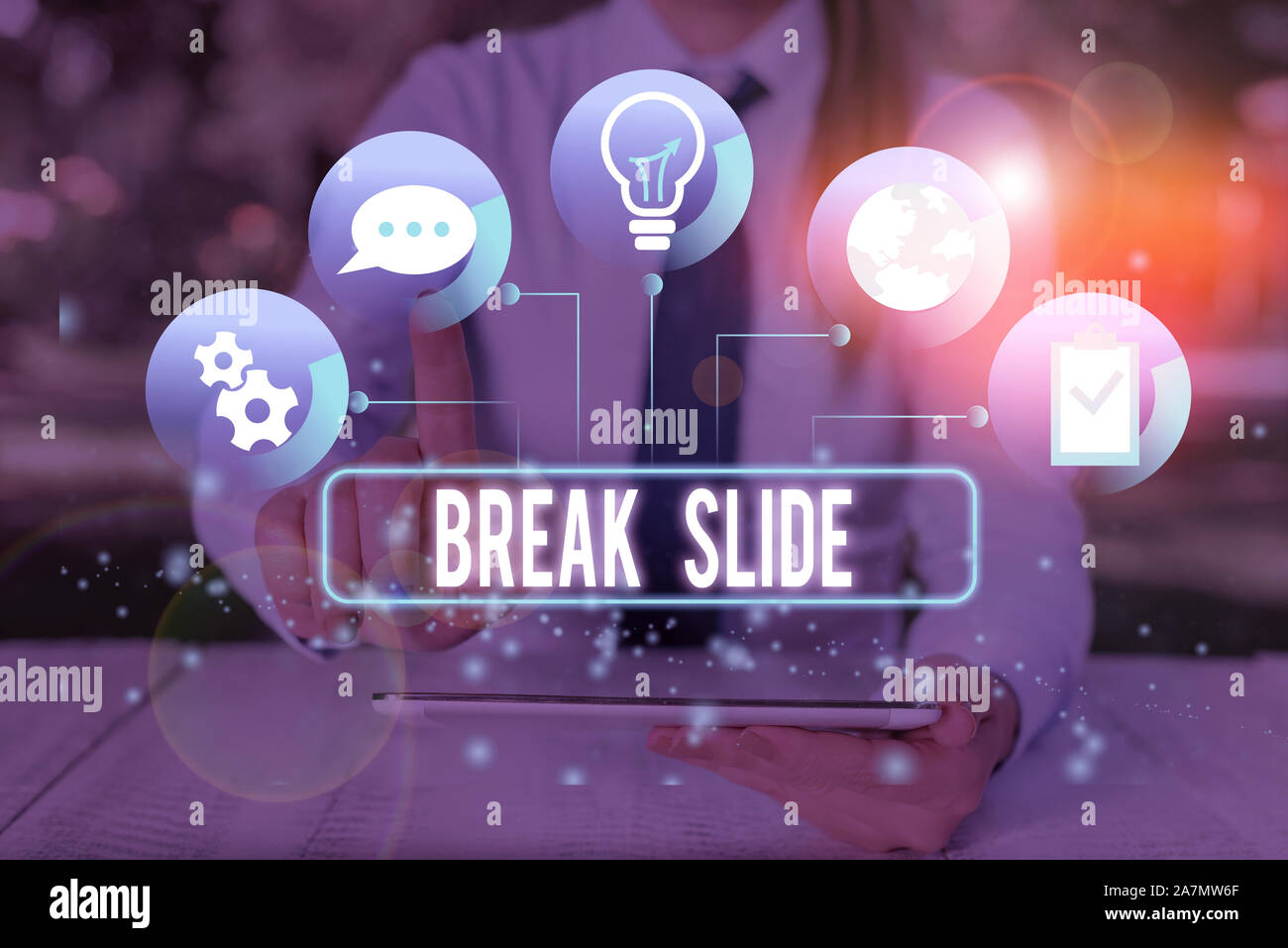 Text sign showing Break Slide. Business photo showcasing a good cover ...