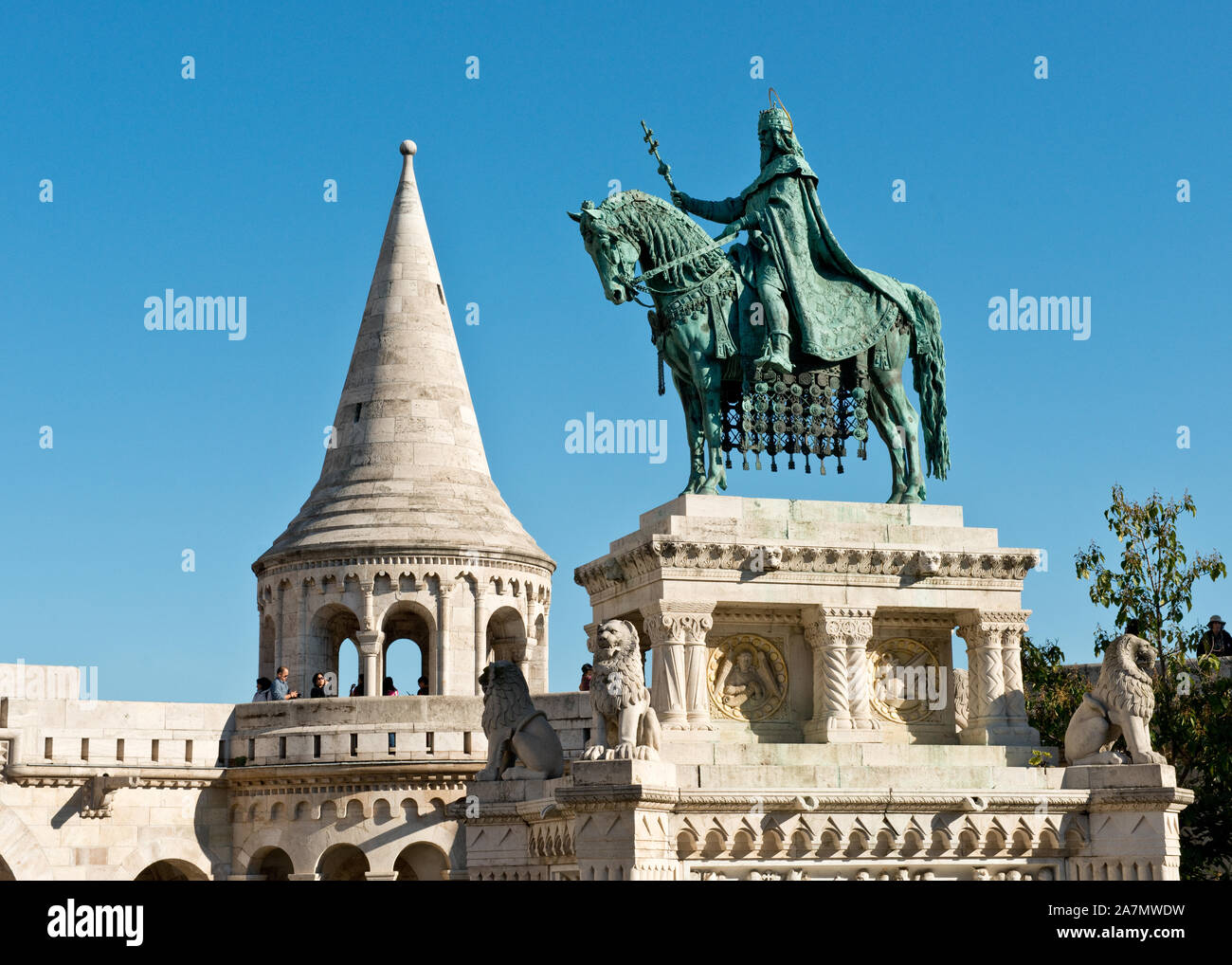 Statue of St Istvan (St. Stephen) in front of Fishermen's Bastion. Buda ...