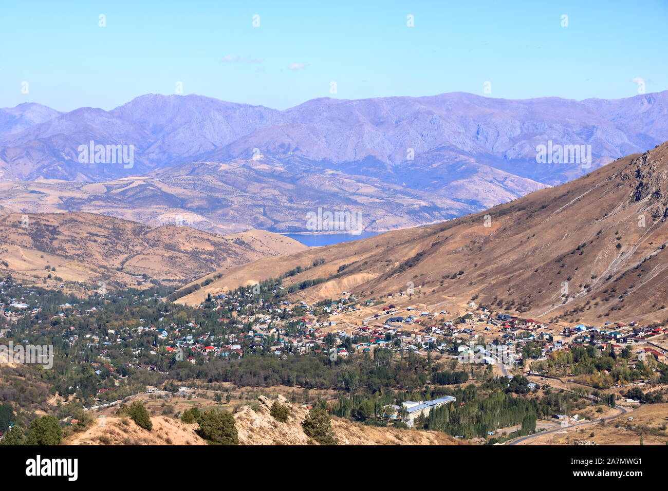 Scenic landscape of Tian Shan mountain range near Chimgan, Uzbekistan ...