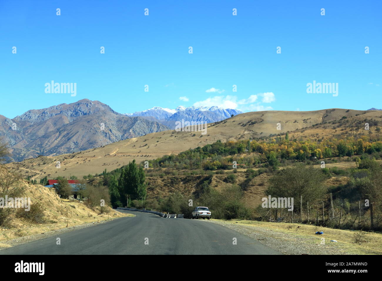 Scenic landscape of Tian Shan mountain range near Chimgan, Uzbekistan ...