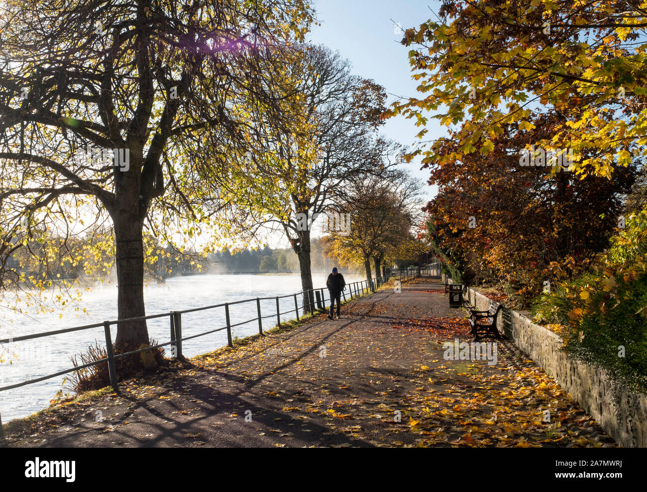 Autumn morning along the banks the River Ness, Inverness, Scotland ...