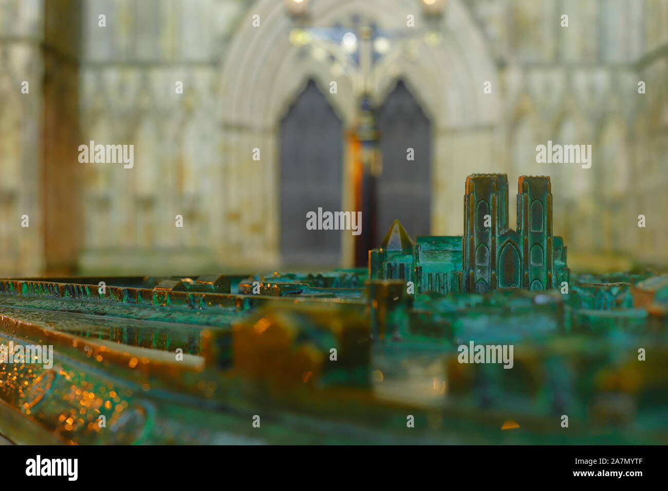 A miniature bronze model of York Minster opposite the west face of York ...