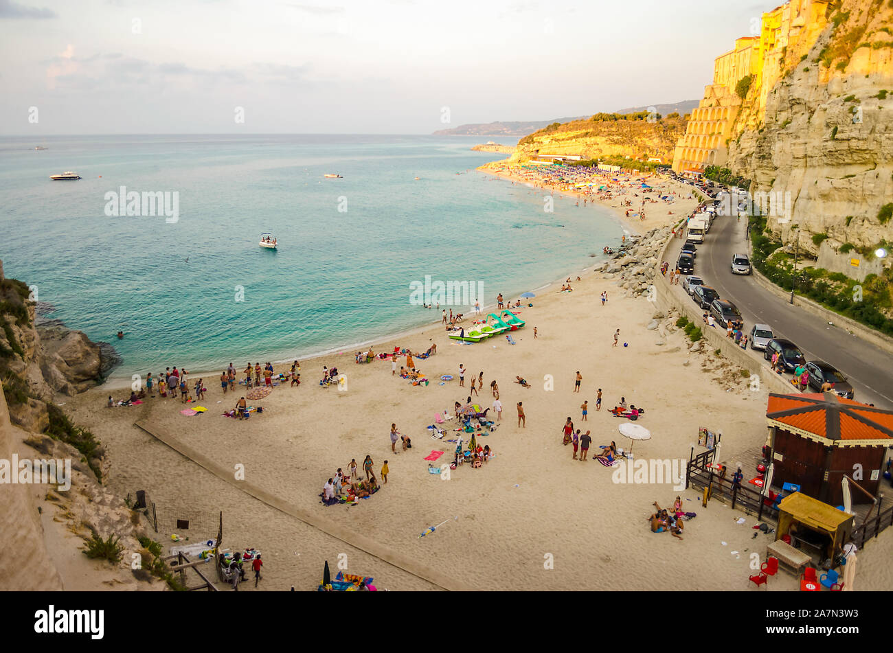 Aerial panoramic view of the beach at sunset in Tropea, Italy Stock ...