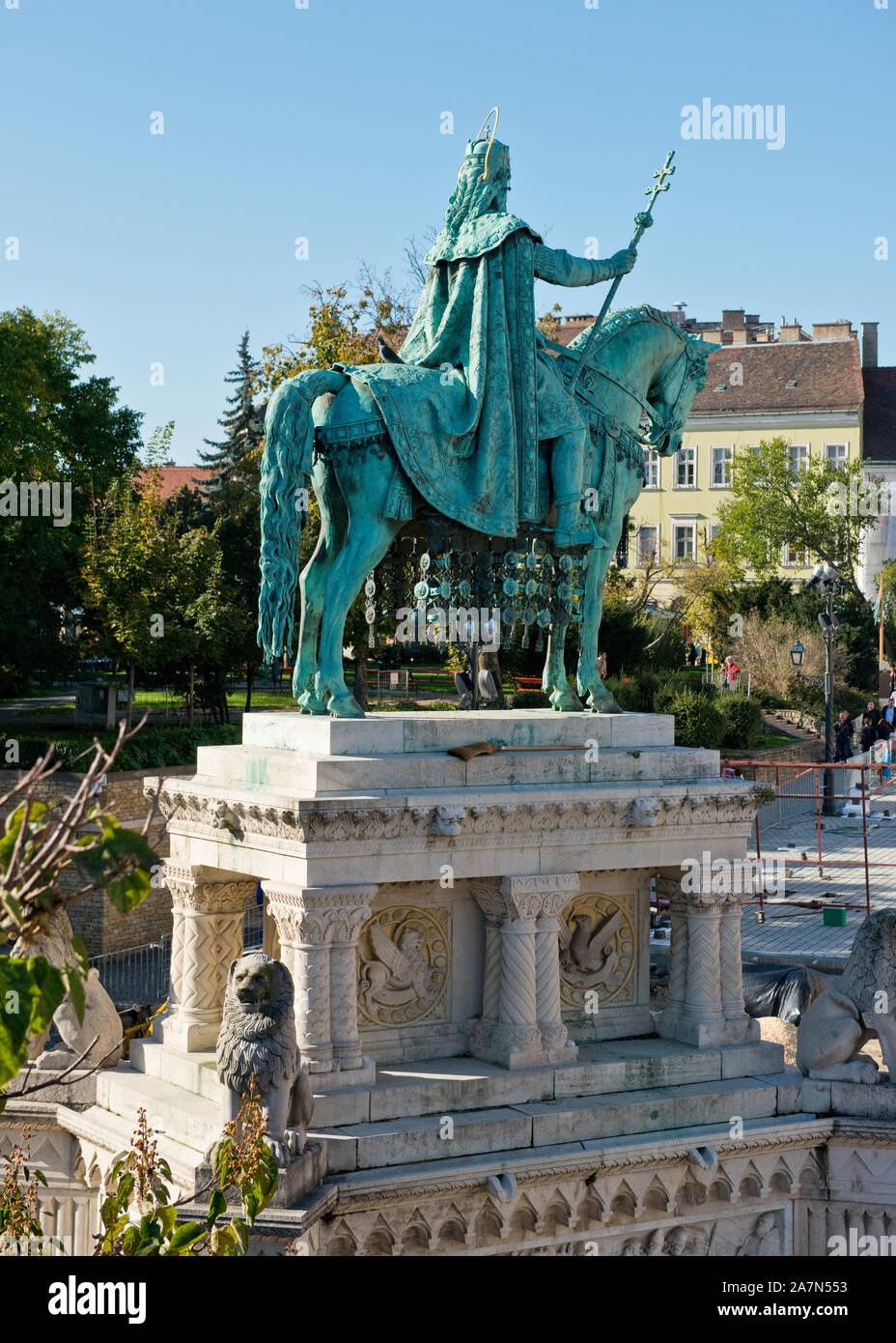 Statue of St Istvan (St. Stephen) in front of Fishermen's Bastion. Buda ...