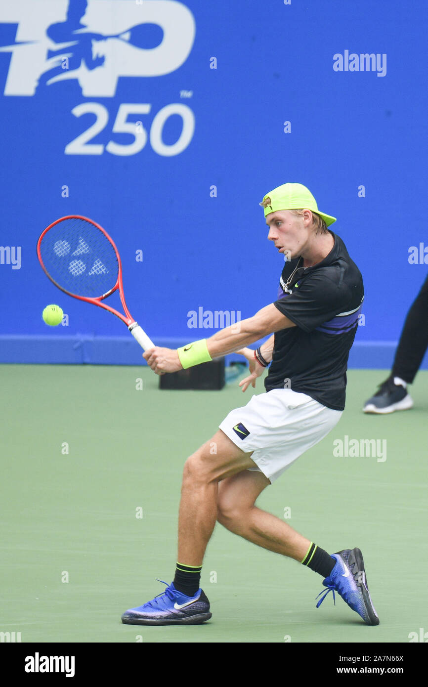 Alexander Bublik of Kazakhstan gets the ball against Pablo Carreno Busta of Spain at the final ...