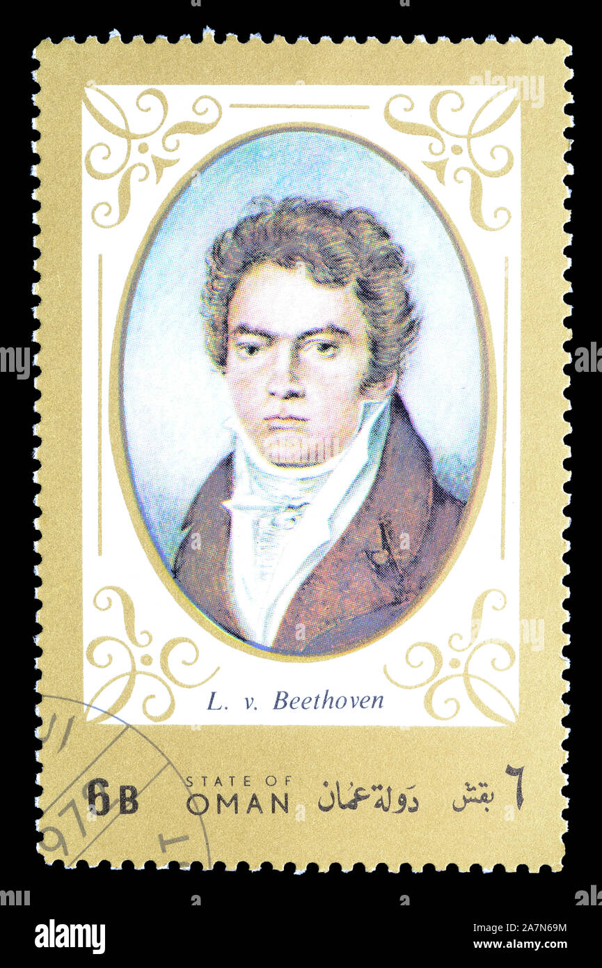 Cancelled postage stamp printed by Oman, that shows Portrait of Ludwig ...
