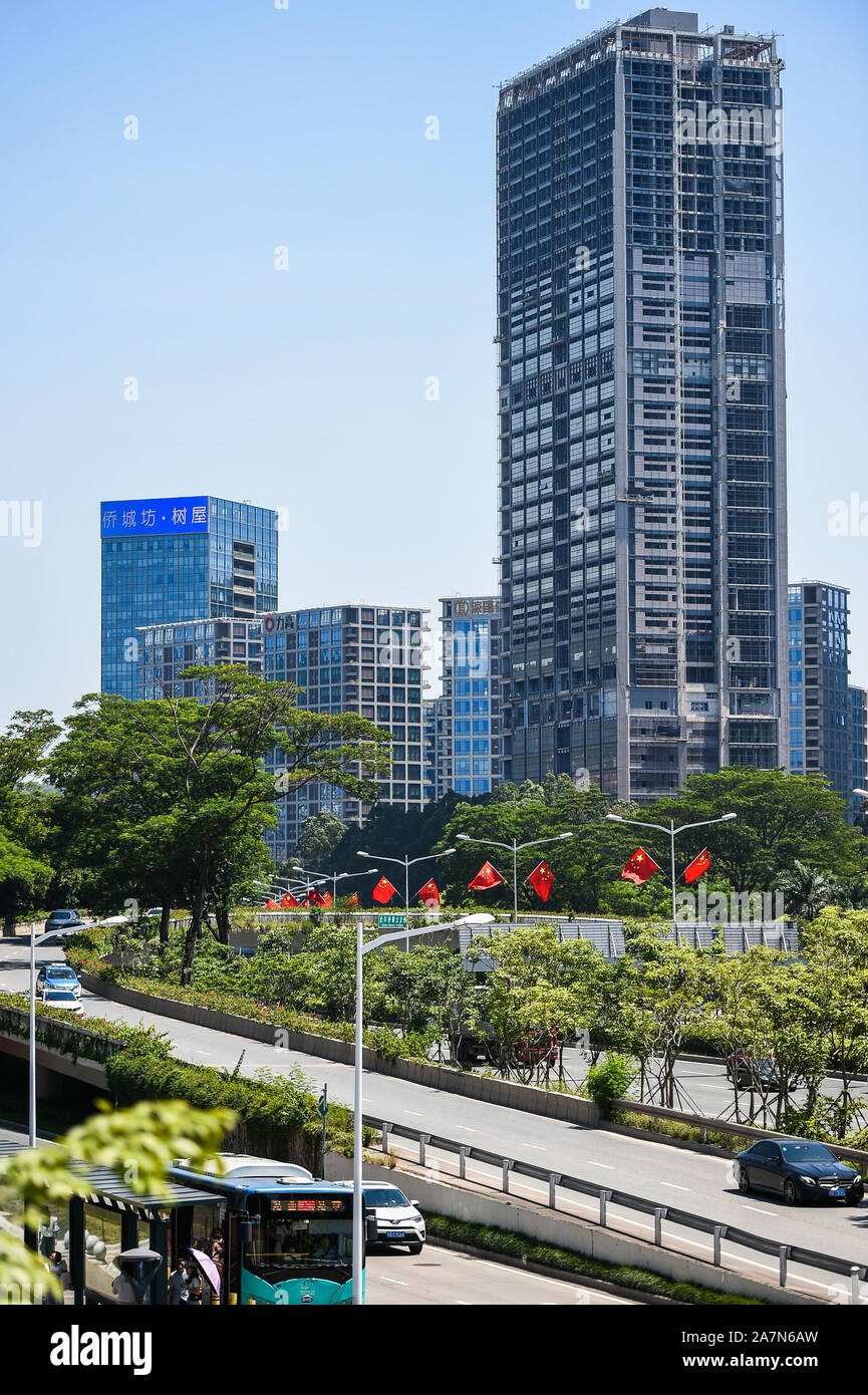 Red Chinese flags set up on a main road to embrace the 70th anniversary ...
