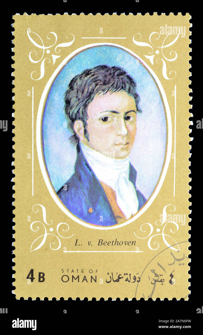 Cancelled postage stamp printed by Oman, that shows Portrait of Ludwig ...