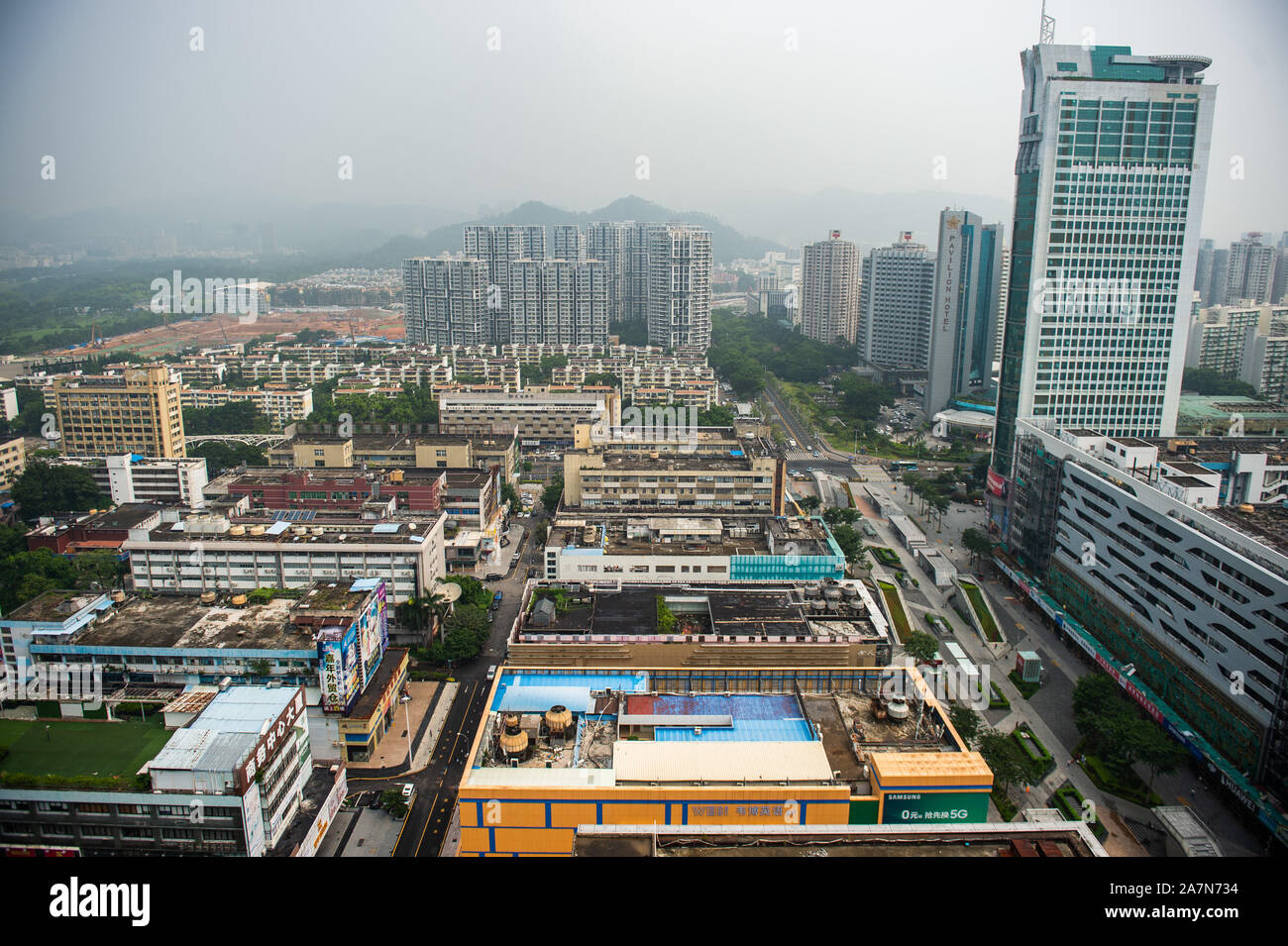 An aerial view of the huge complex of buildings of Huaqiangbei, which ...
