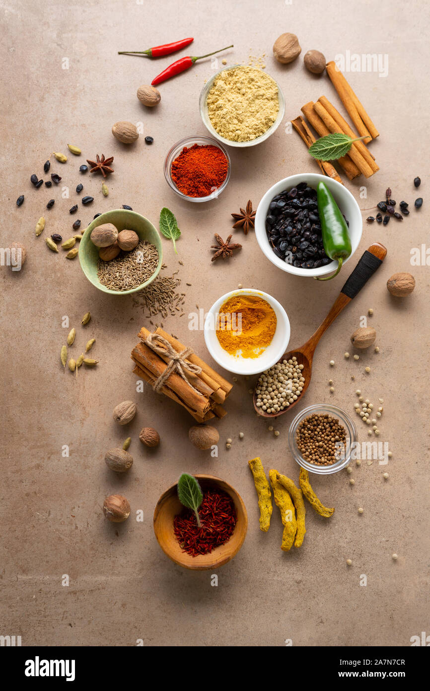 Different spice top view, christmas spice Stock Photo - Alamy