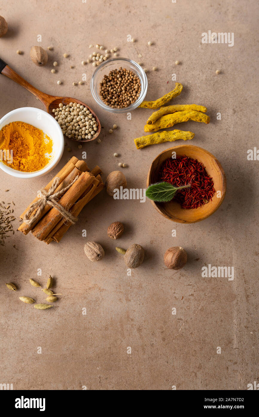 Different spice top view, cinnamon and nutmeg Stock Photo - Alamy