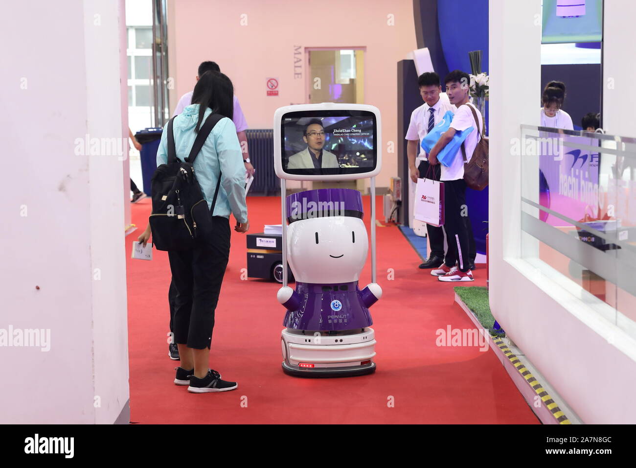 A Peanut robot is displayed at the stand of Keenon during the 2019 Word ...