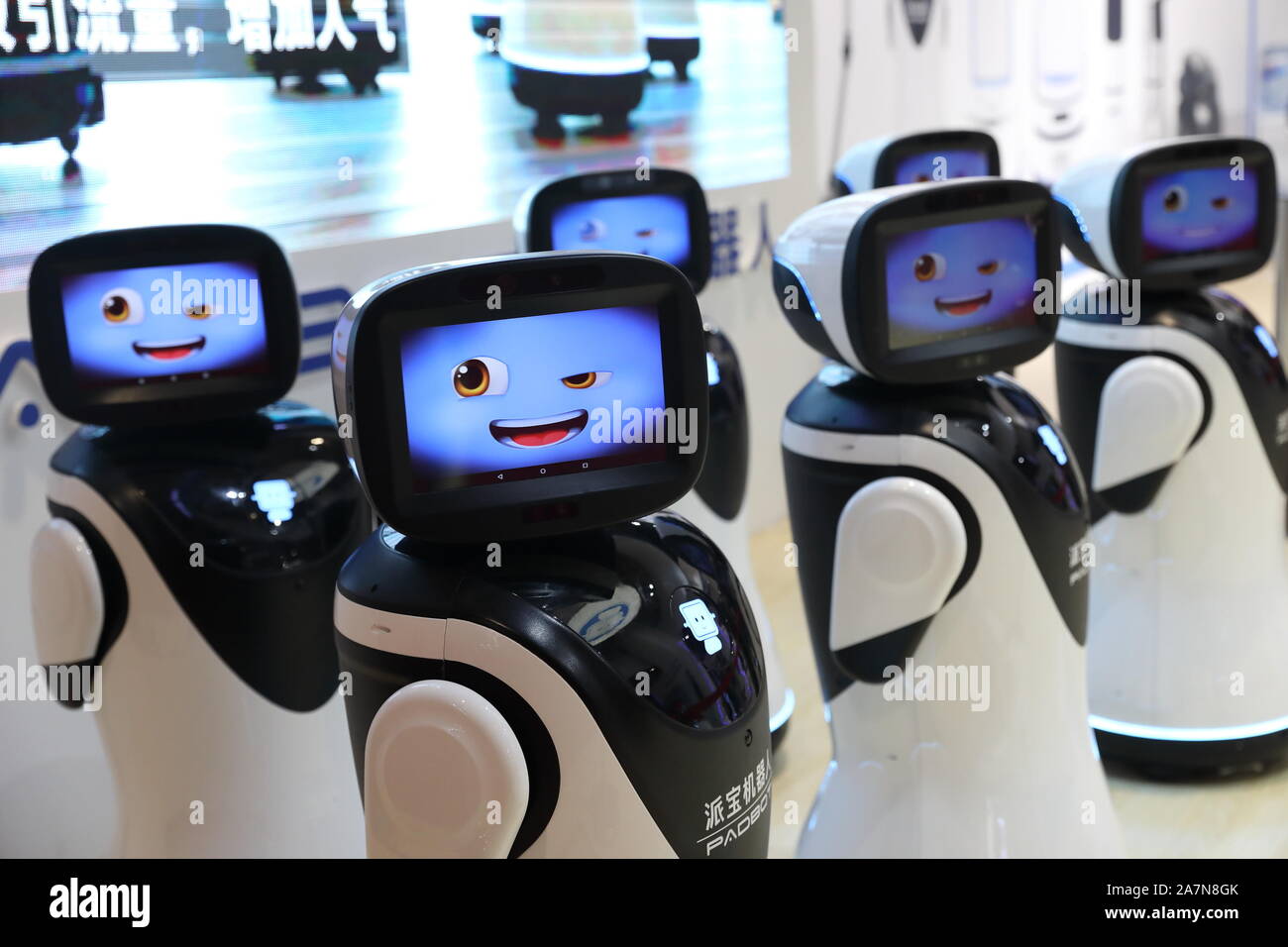 Intelligent robots are displayed at the stand of PadBot during the 2019 ...