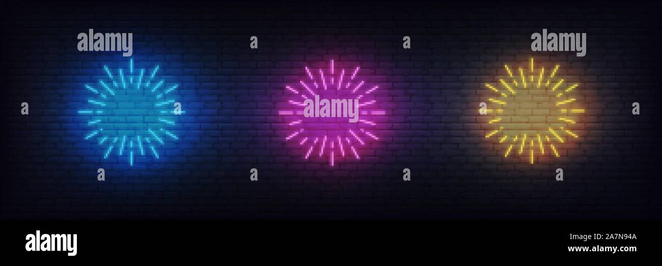 Neon firework burst. Set of glowing neon firework signs Stock Vector ...