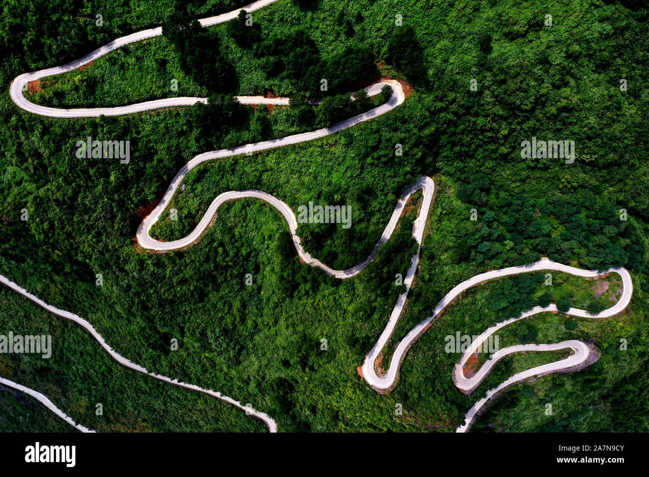 Aerial view of a winding mountain road resembling jade belt around the ...