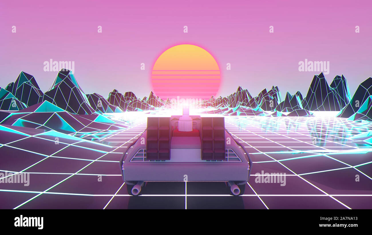Cyberpunk car in 80s style moves on a virtual neon landscape. 3d ...