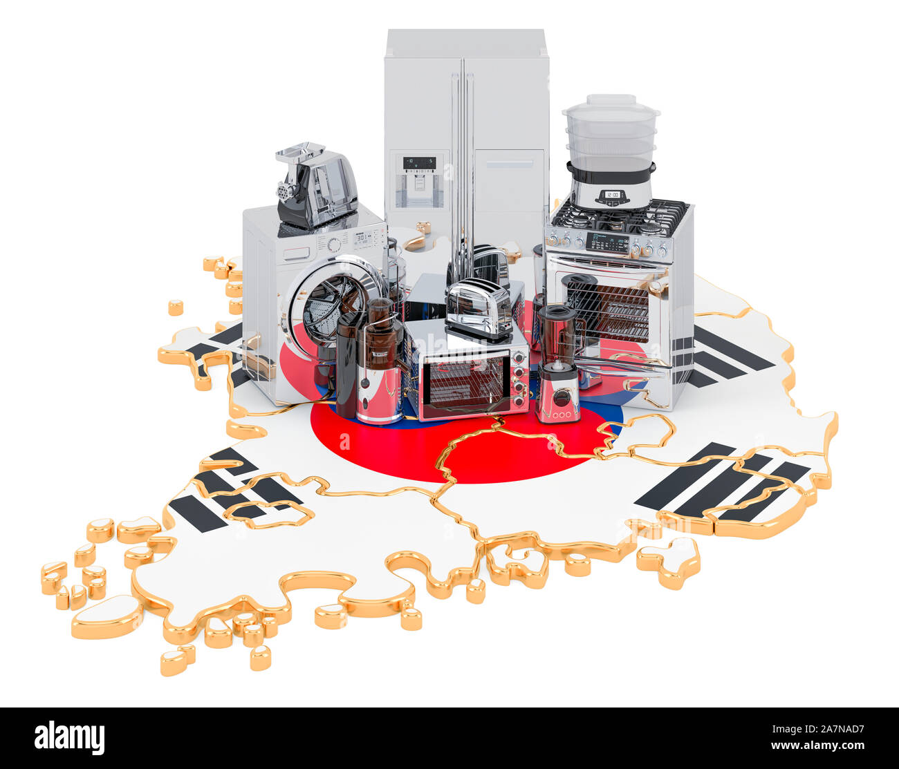 Kitchen and household appliance on the map of South Korea. Production ...
