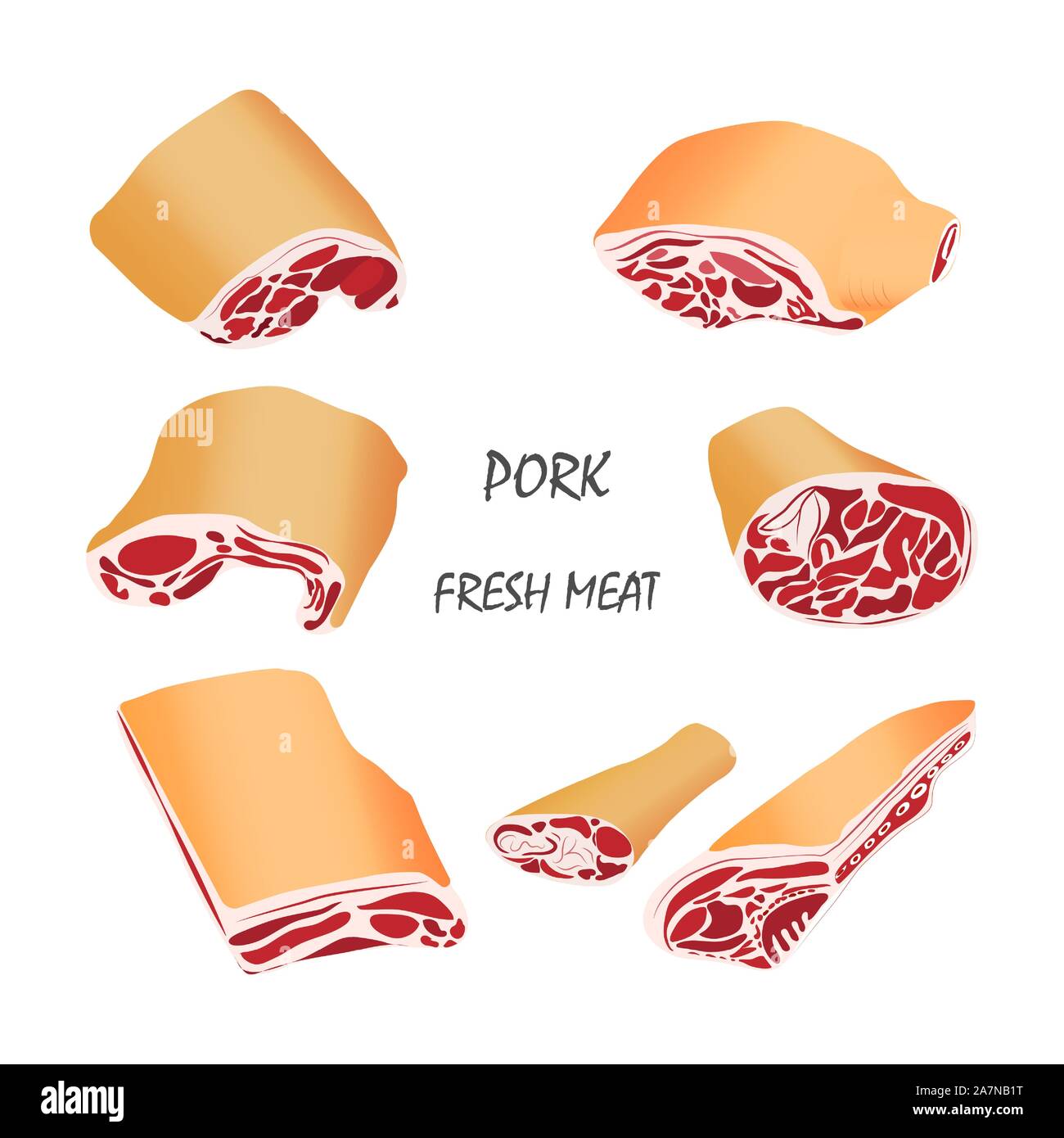 Cut of meat set.Isolated objects on a white background.Vector cartoon ...