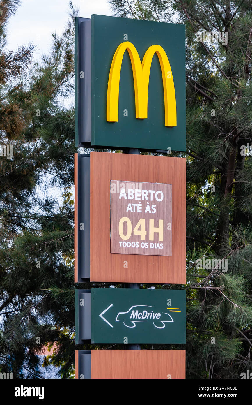 Coina, Portugal. Signboard of McDonald’s with Golden Arches at the ...