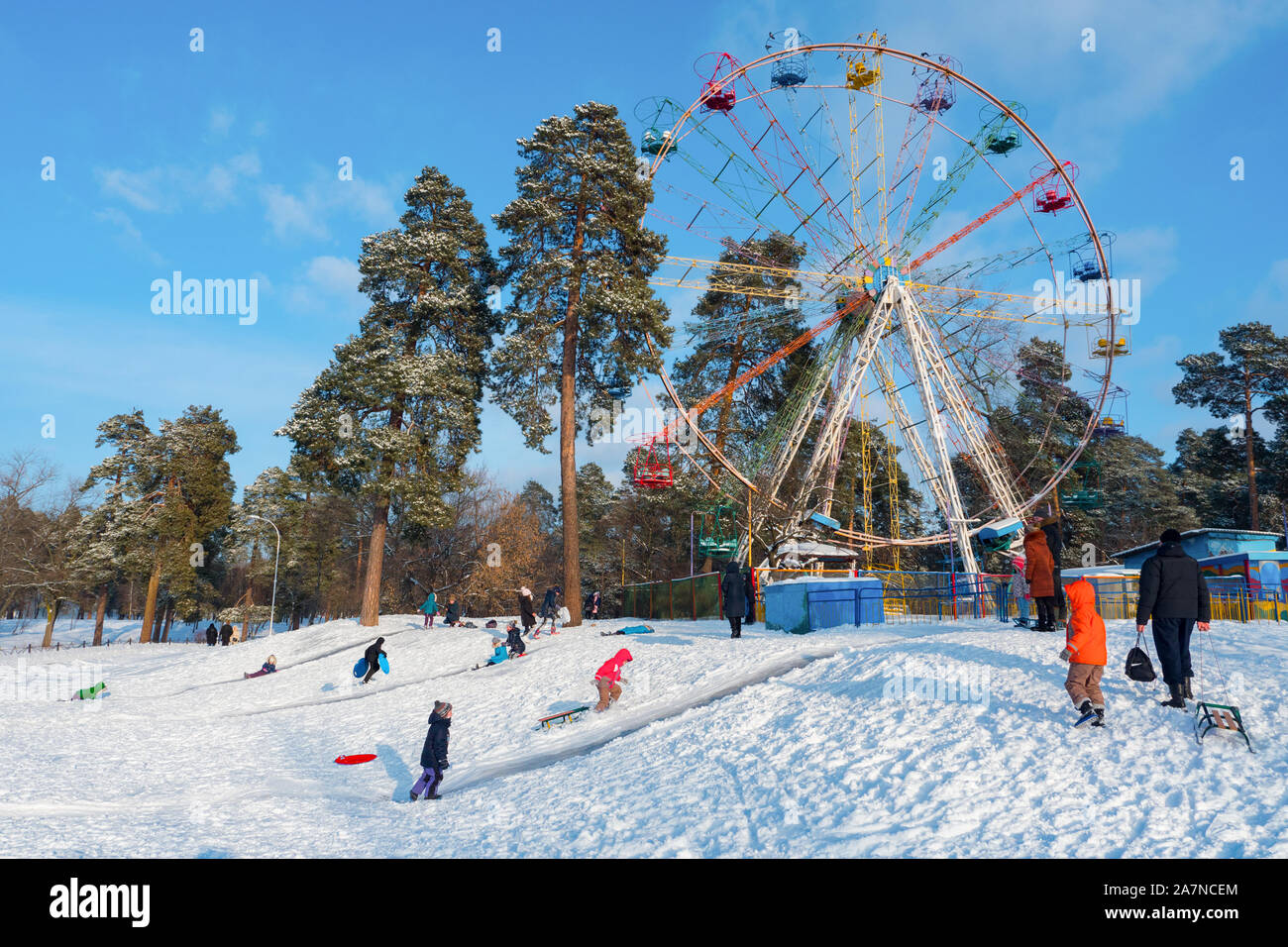 Winter activities in park. Ski resort for beginners. Snowy hill with ...