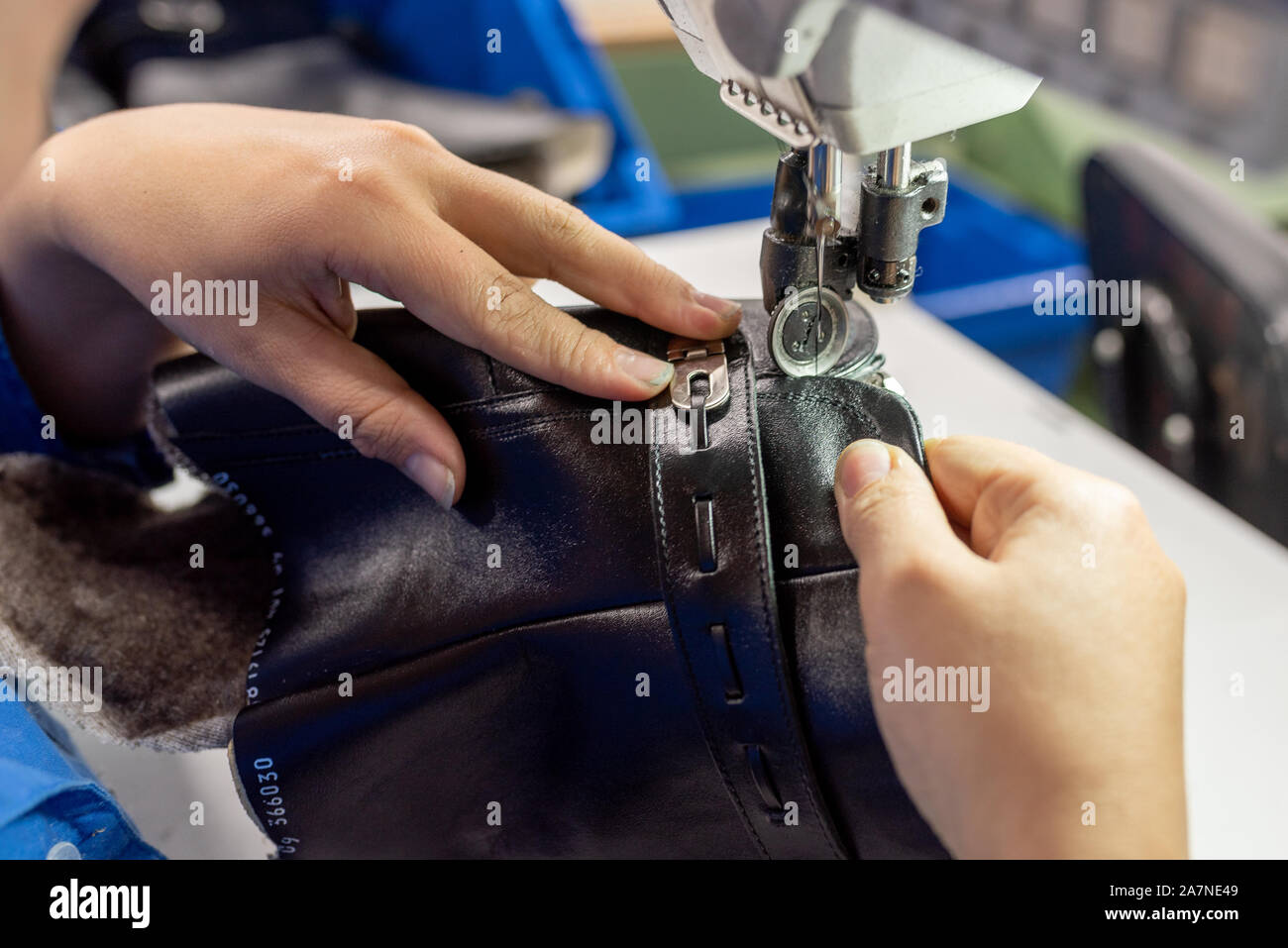 The process of sewing shoes on a sewing machine. Shoe production Stock ...