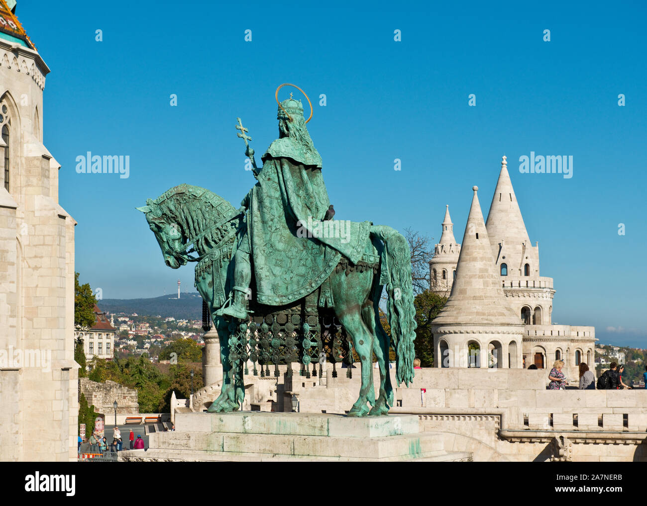 Statue of St Istvan (St. Stephen) in front of Fishermen's Bastion. Buda ...