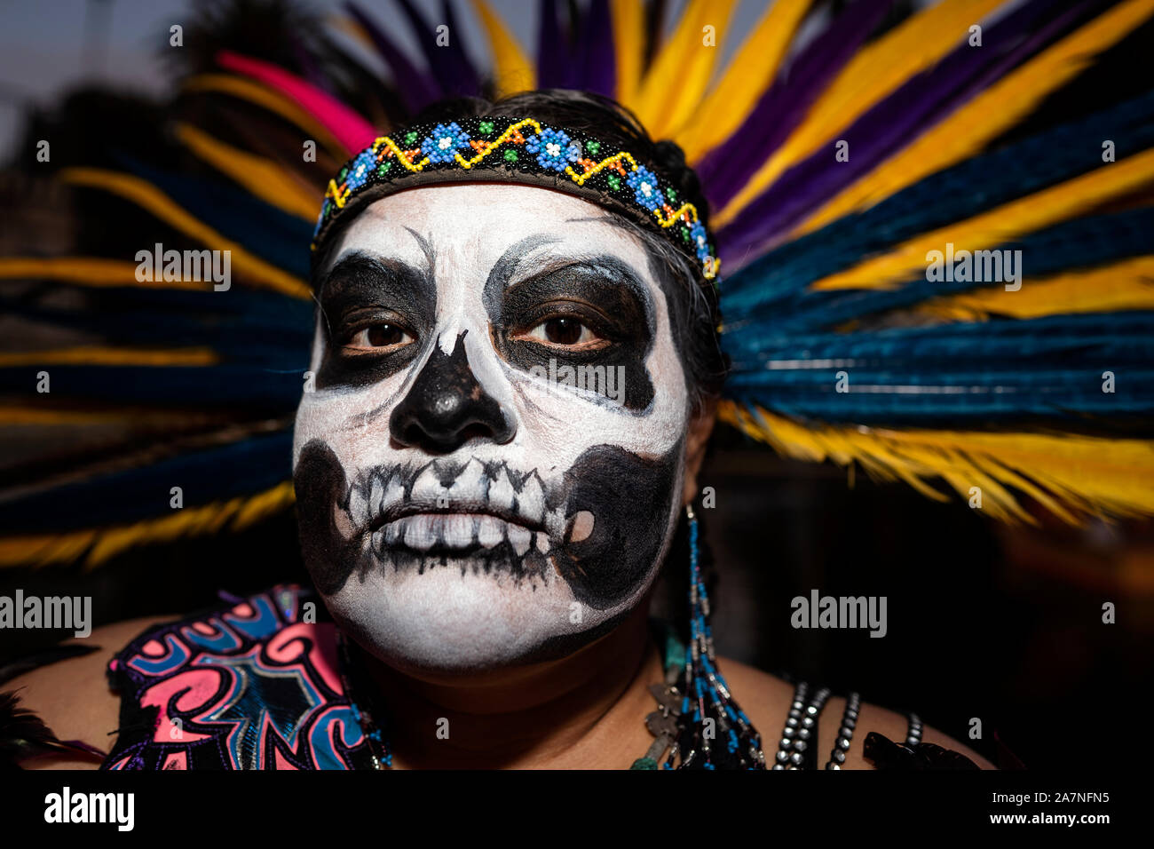 Aztec dancer participates in the Dia de los Muertos (Day of the Dead ...