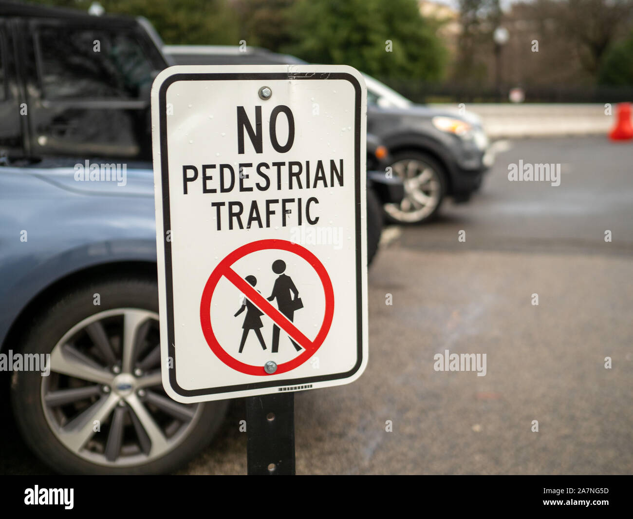 No pedestrian traffic street sign with man and woman crossed out symbol ...