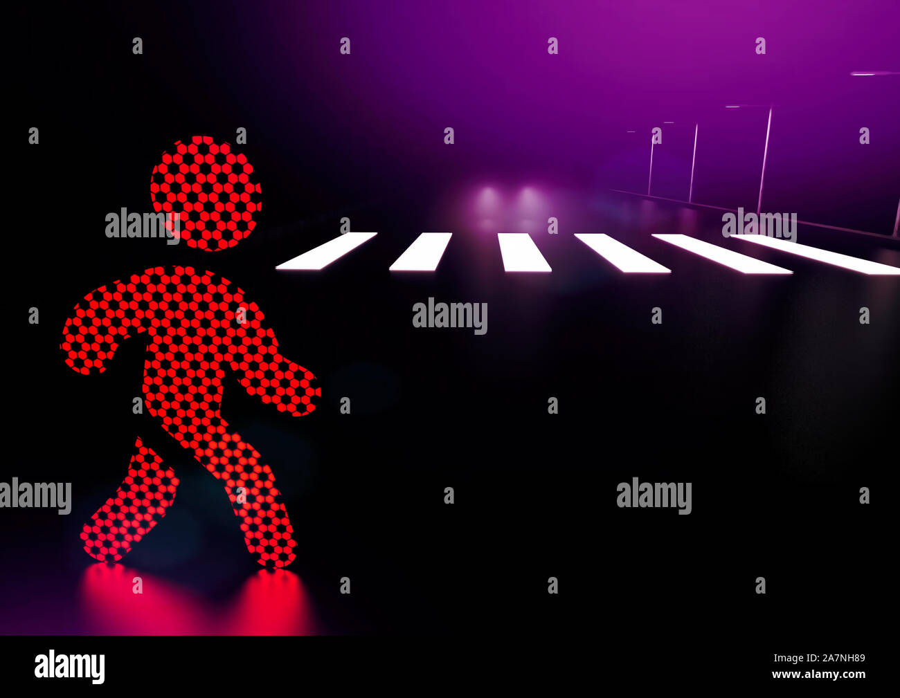 Traffic light man icon crosses the road in the wrong place at night ...