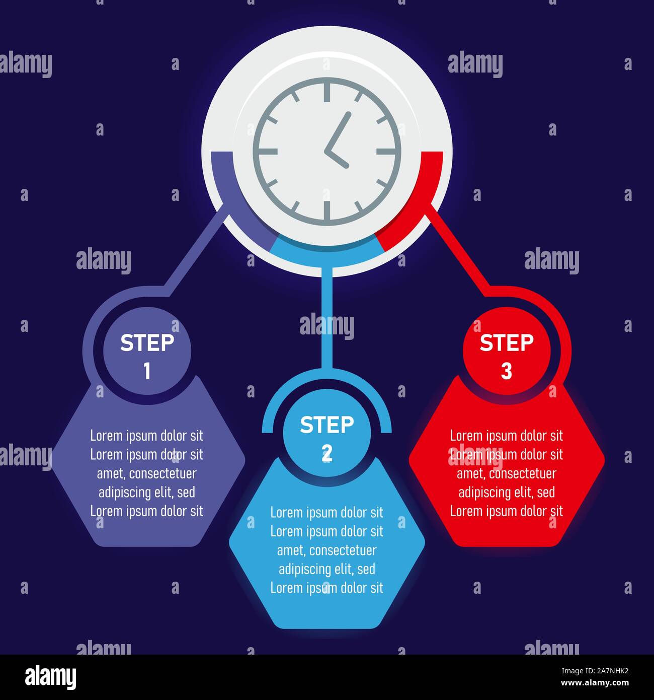 Abstract clock chart with three action steps, colored elements of ...