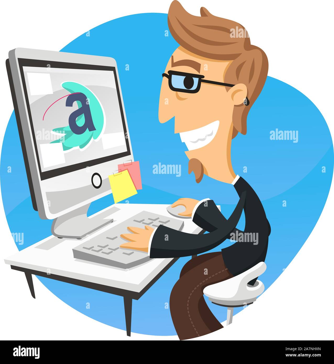 Graphic Designer working on his computer, vector illustration Stock ...