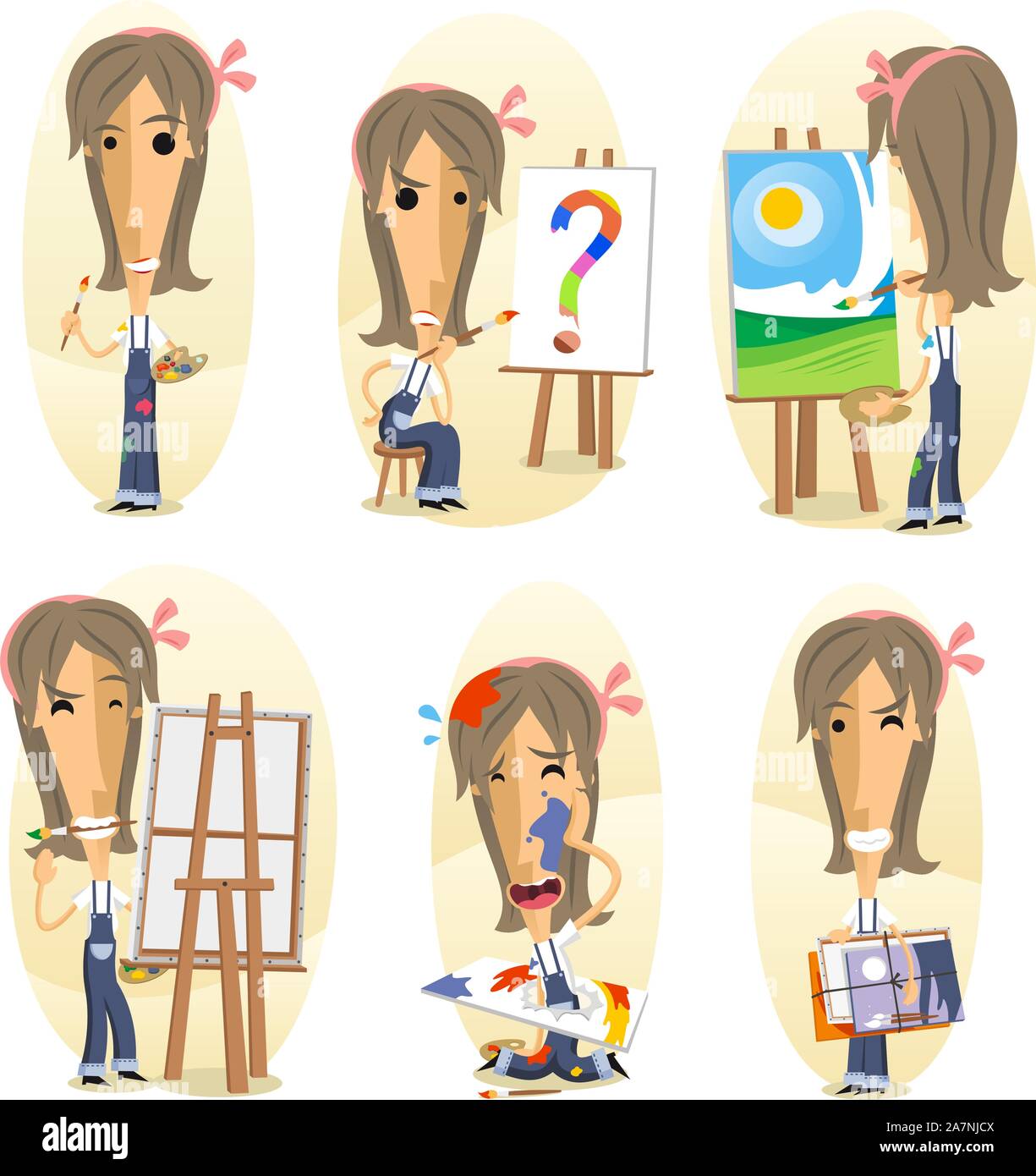 Painter painting on canvas, Cartoon Visual artist action set. Vector ...