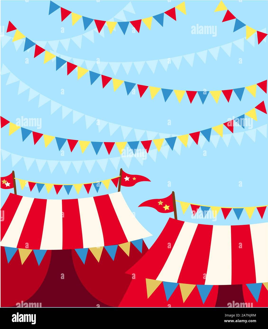 Circus red and white tents and multi coloured pennants design vector ...