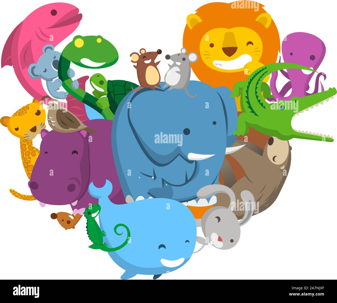 Heart Love Shape made of Wild Jungle Animals, with fish, turtle ...