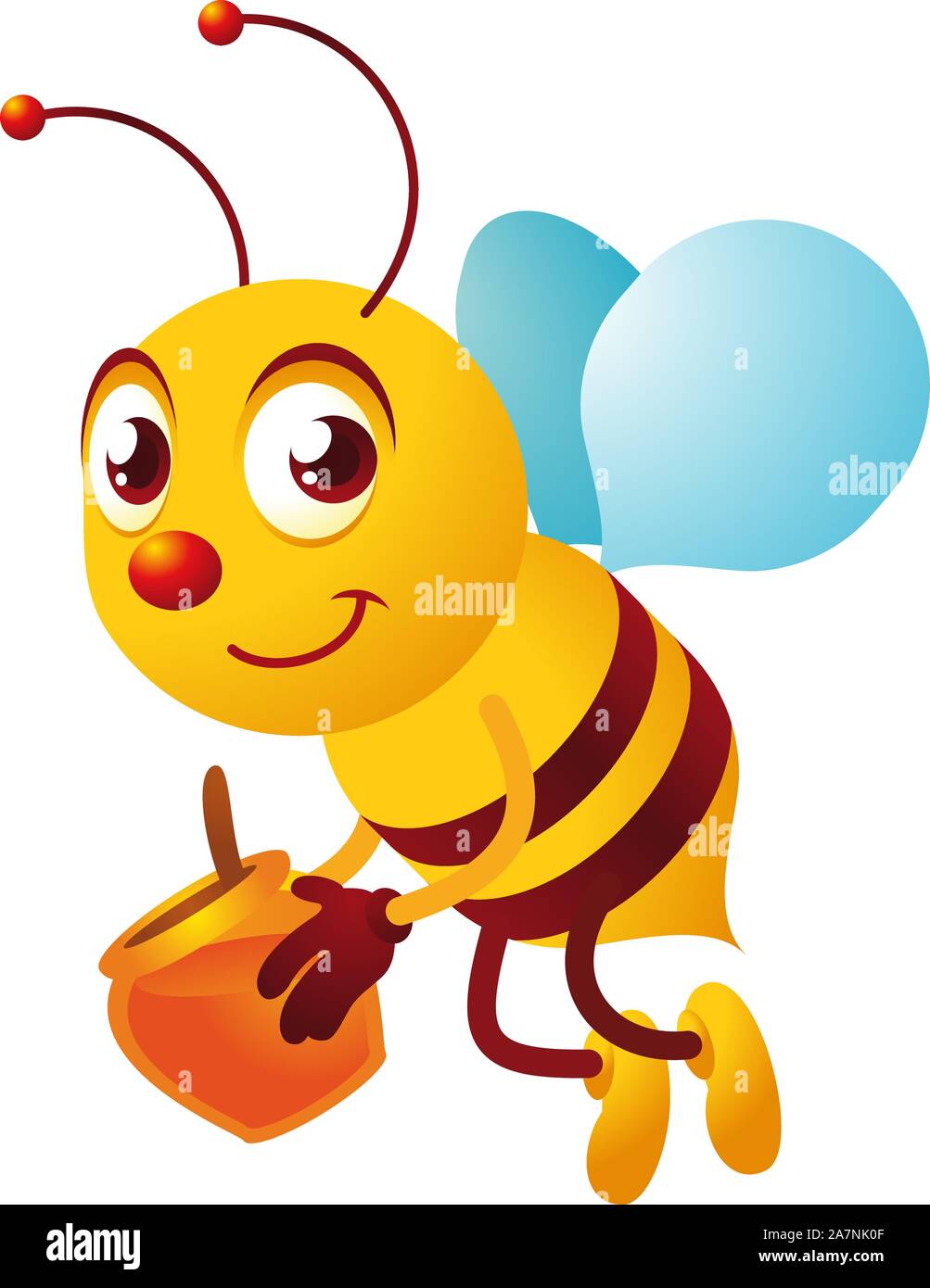 Cartoon bee carrying a jar of honey, happily flying vector illustration ...