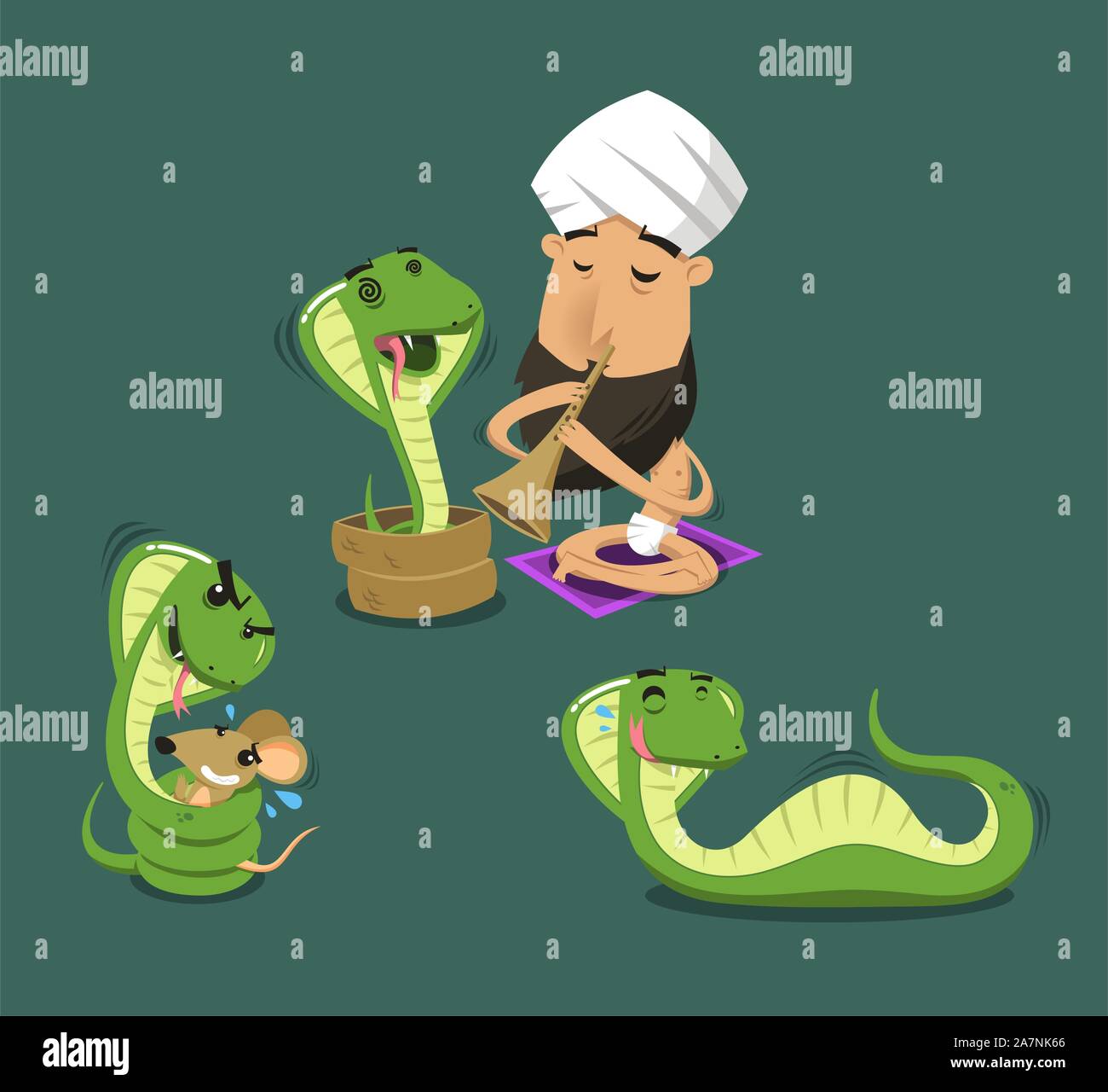 Charmer playing flute to Cobra Poisonous Snake, vector illustration ...