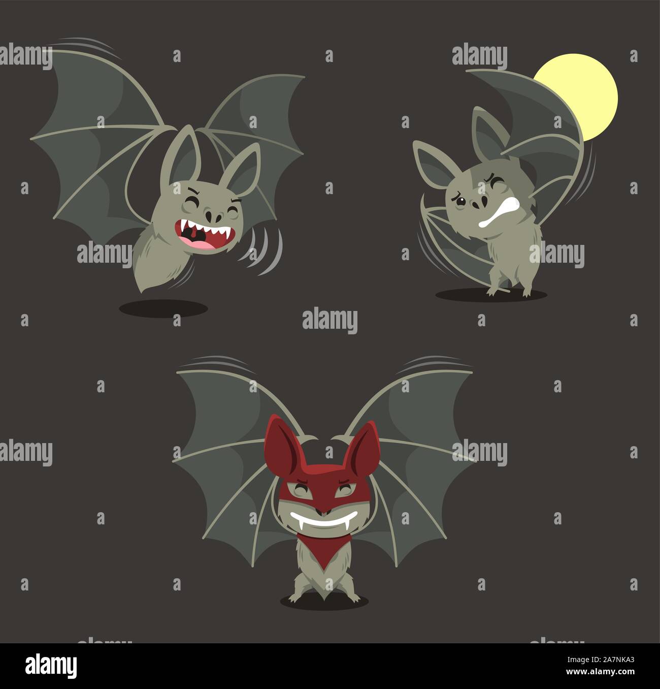 Bat Set Vampire Angry Flying Moon, vector illustration cartoon Stock ...