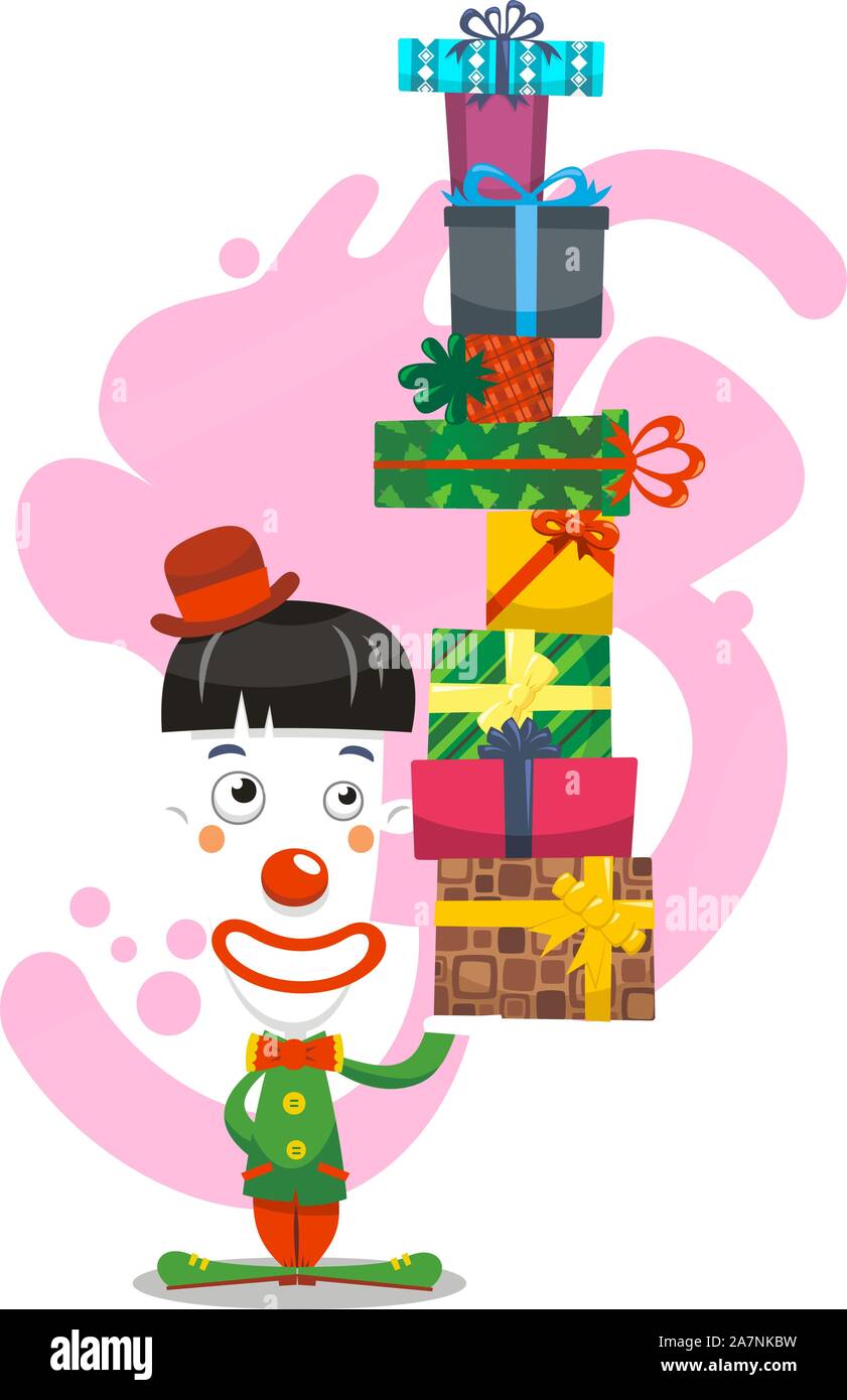 Clown holding a stack of presents vector cartoon illustration Stock ...