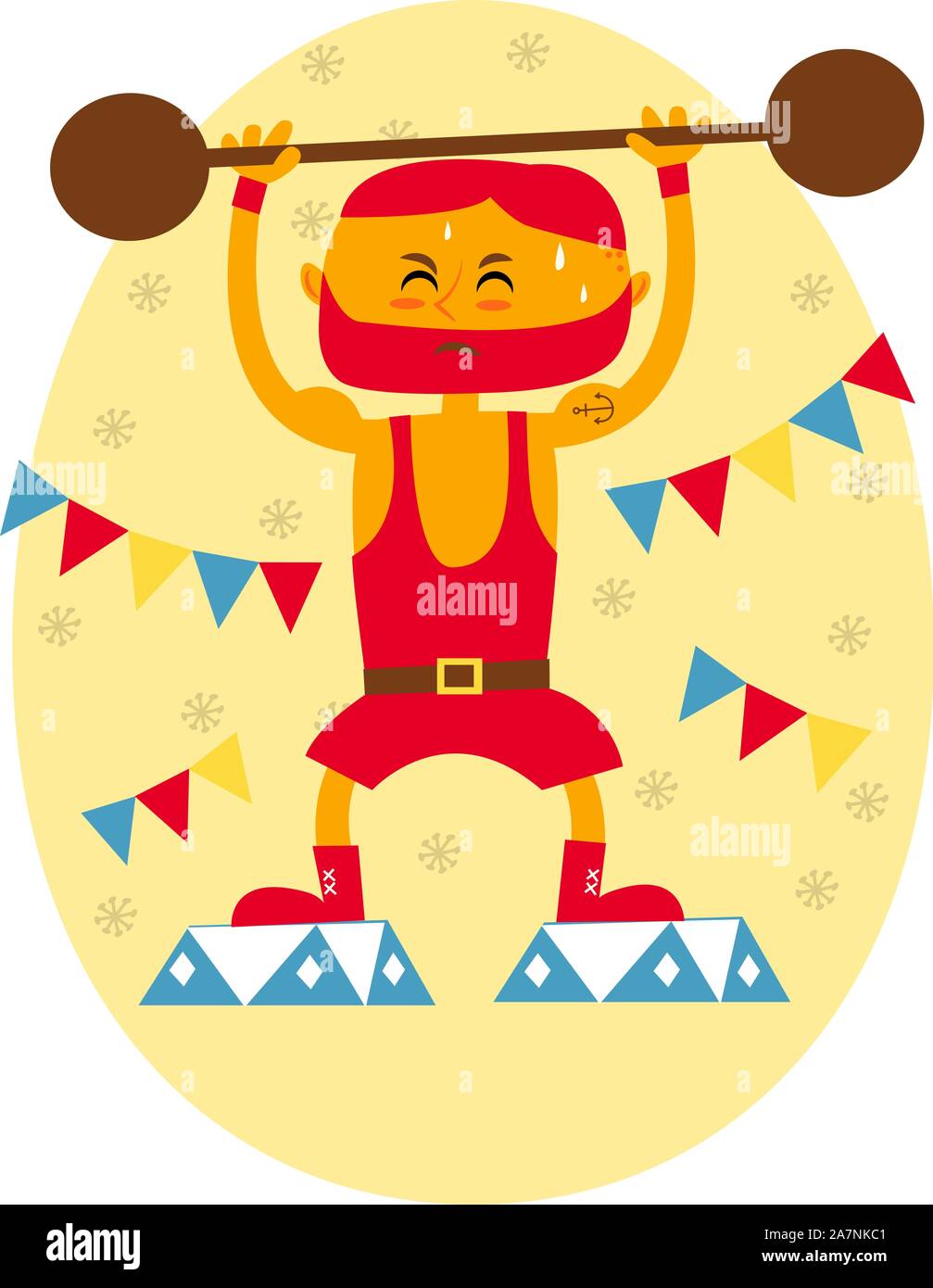 Circus strongman lifting heavy weigh, surrounded by colourful pennants ...