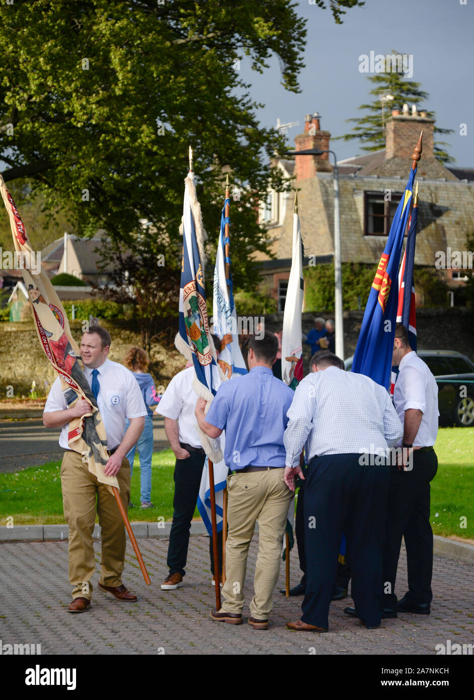 The Standard Bearers from the various Guilds after a practice for the annual Casting the Colours ...